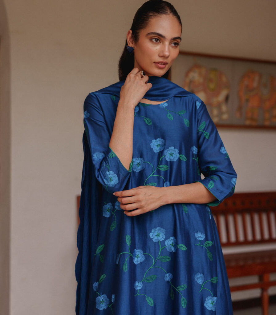 Indigo Bloom Anarkali Set – Tifara